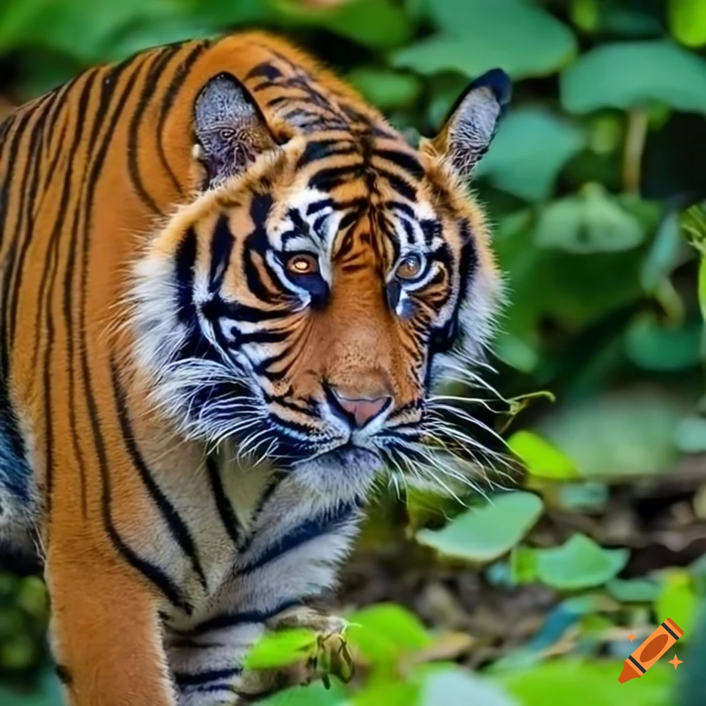 Close-up of intense eyes and patterns of a sumatran tiger in lush ...