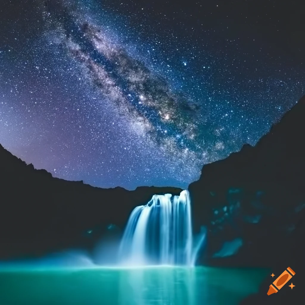 Waterfall in alien landscape under starry sky and moonlight on Craiyon