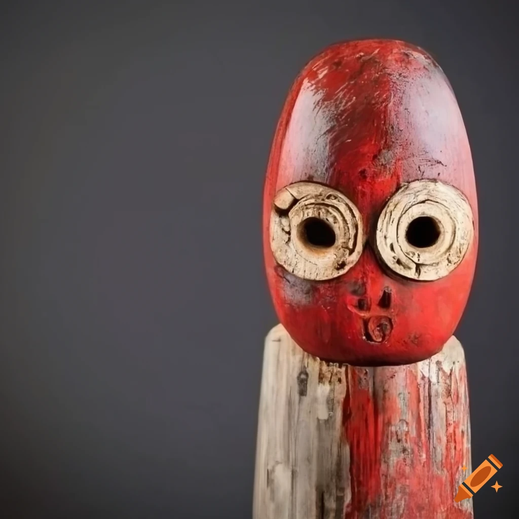 Rustic wooden faceless idol with big hollow round eyes in a dark room ...