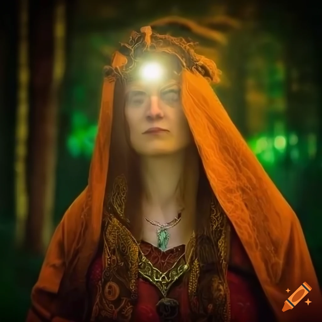 Intricately dressed viking woman gathering herbs with mystical aura and ...