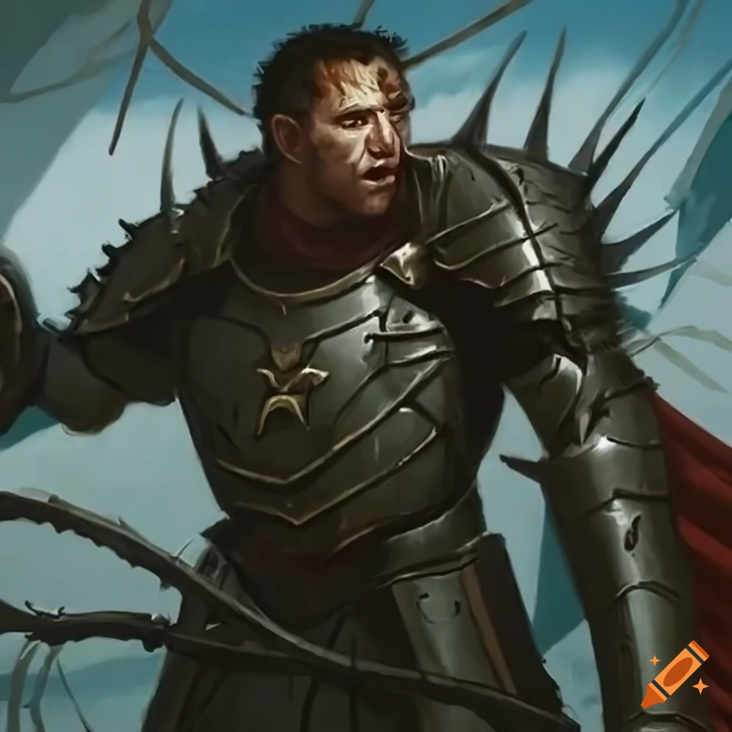 Man with black spiked iron armor in a fantasy setting on Craiyon
