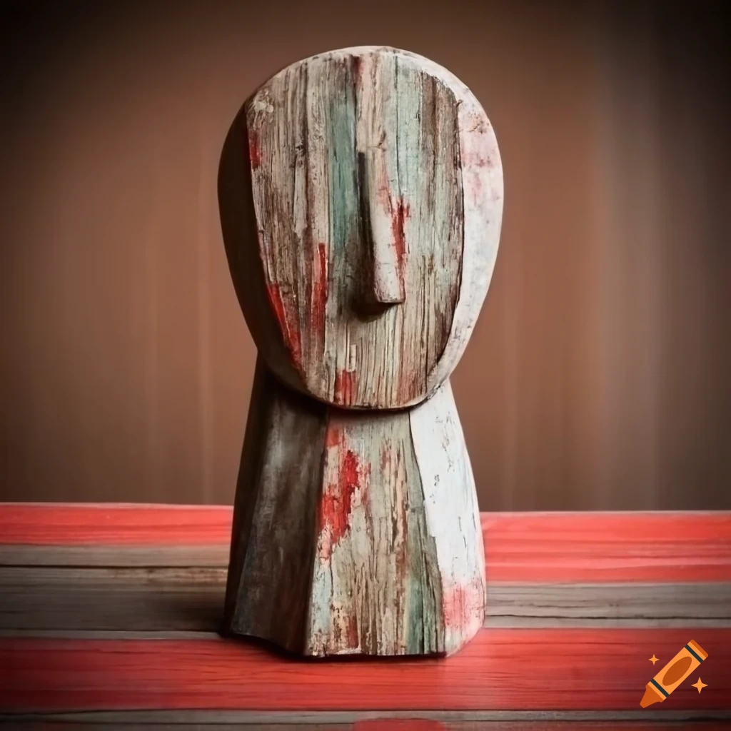 Rustic wooden faceless idol with big hollow round eyes in a dark room ...