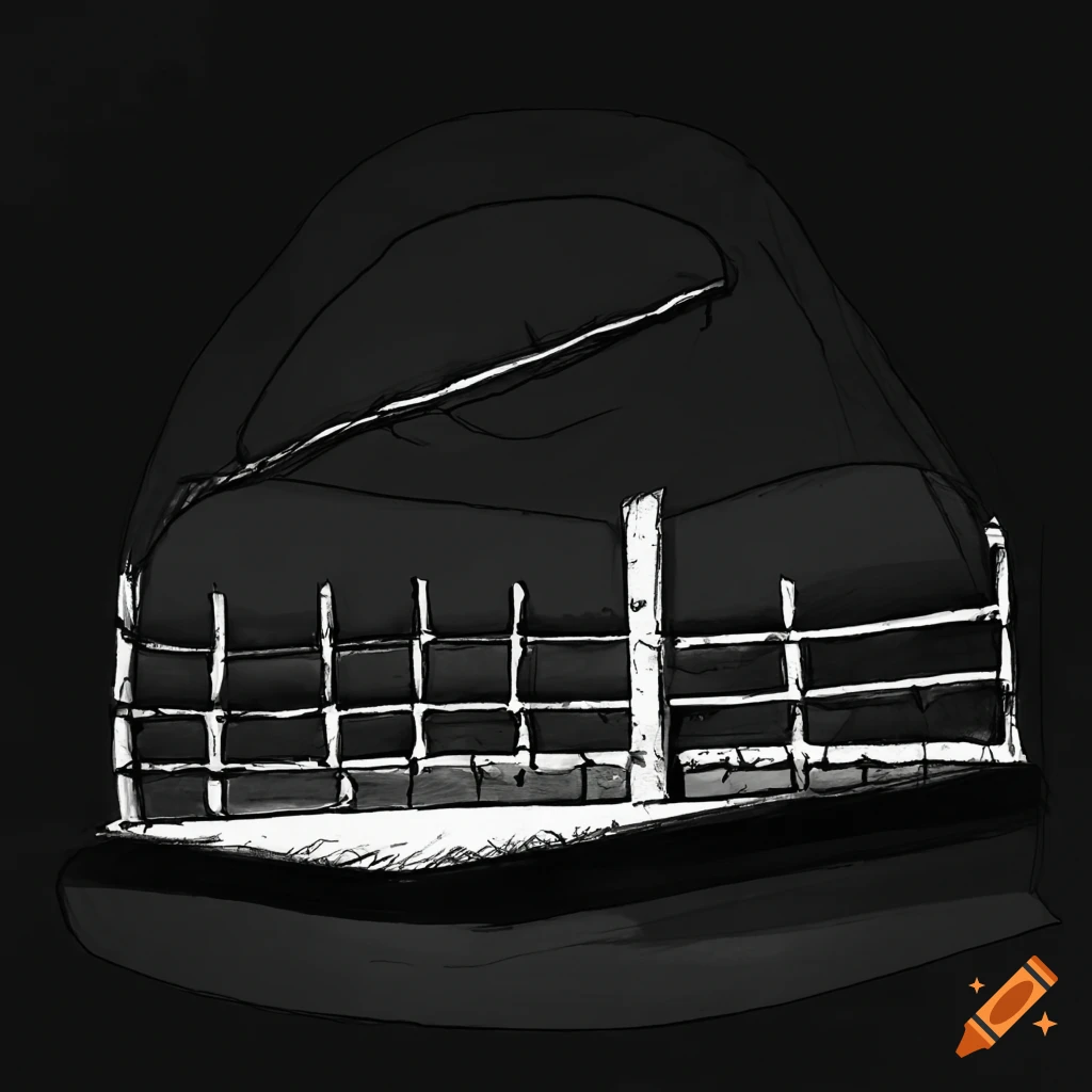 Detailed pencil sketch of a boxing ring from upper corner view on Craiyon