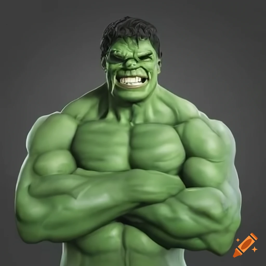 The iconic hulk standing confidently with crossed arms on Craiyon