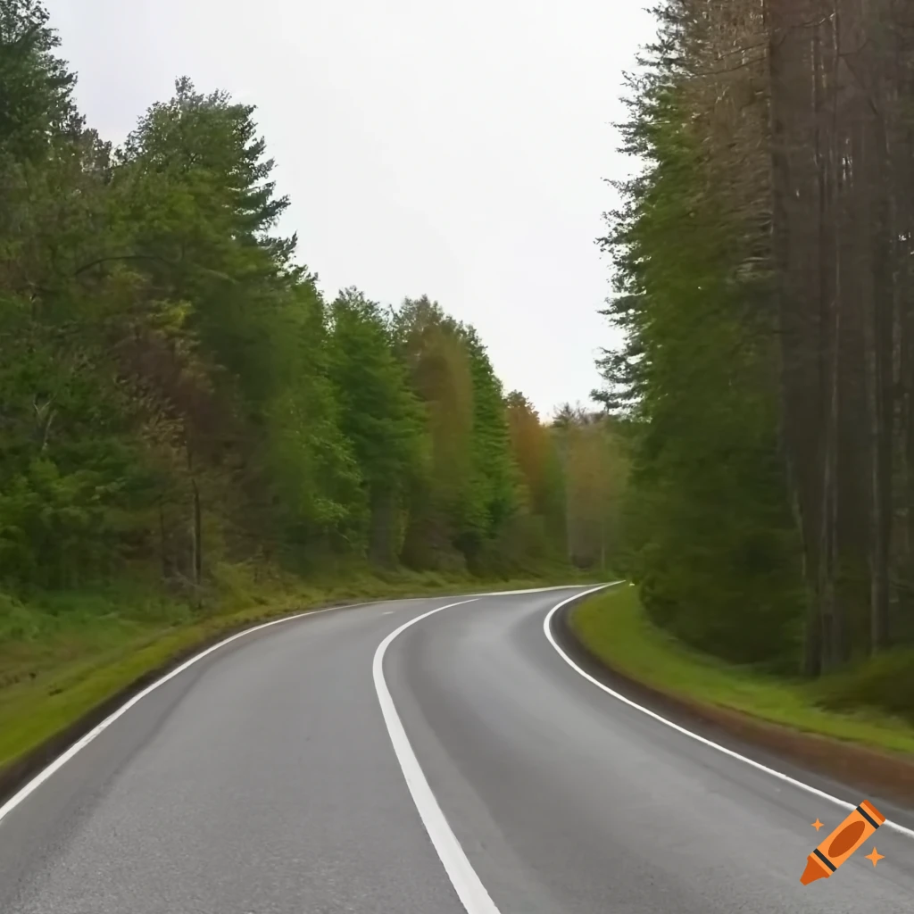 Winding two-lane road curving through hilly forested landscape on Craiyon