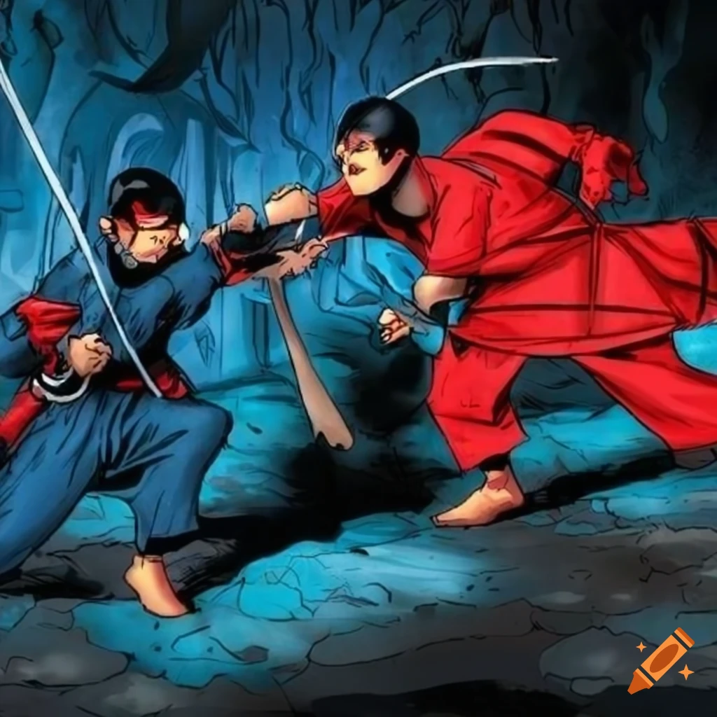 Comic picture of ninjas fighting, one in red and one in blue on Craiyon