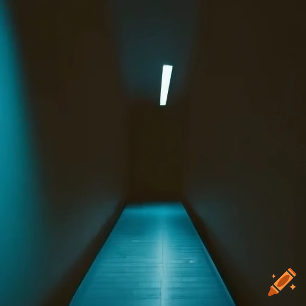 Color photograph of a minimal architecturally impossible dingy hallway ...