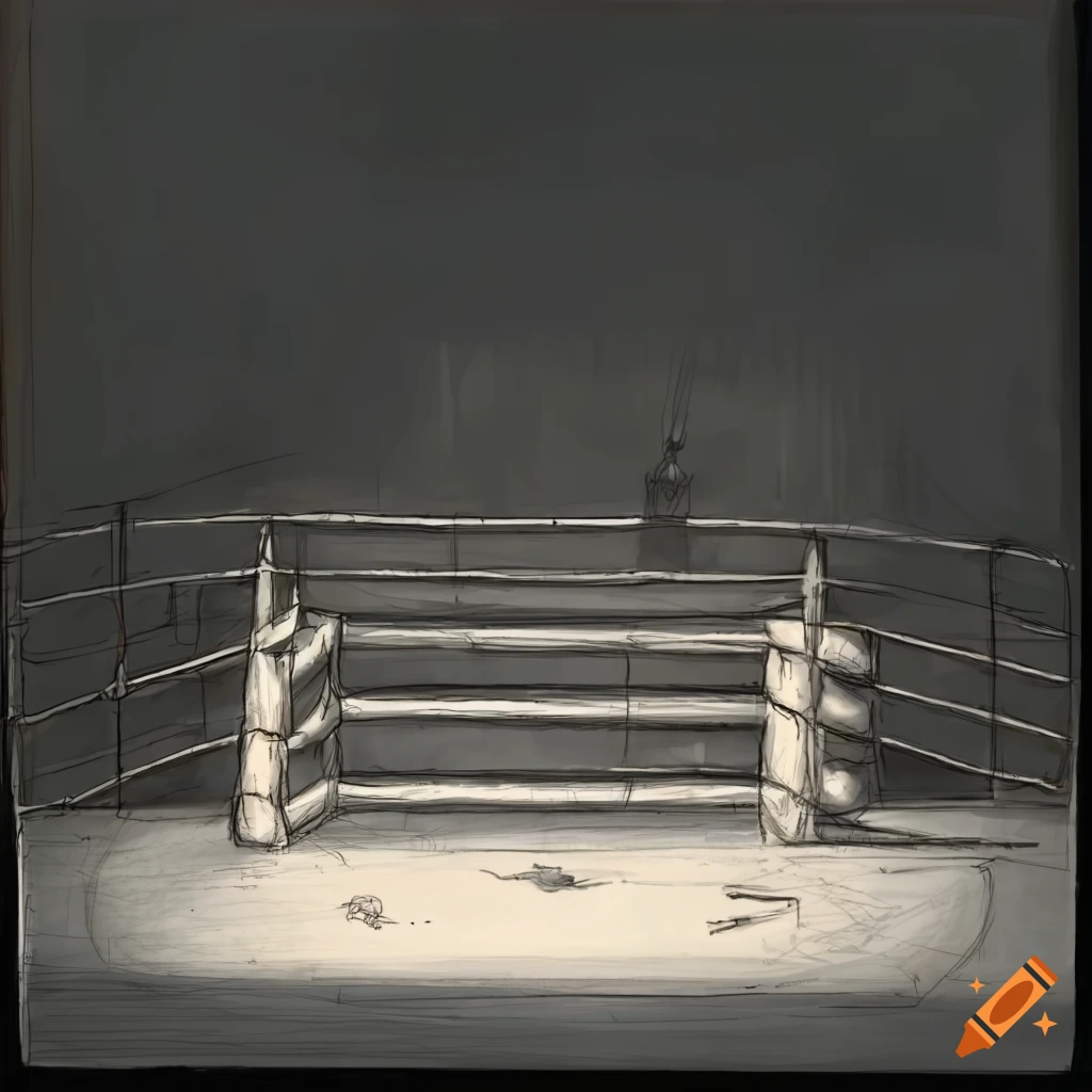 Detailed pencil sketch of a boxing ring from an upper corner view on ...