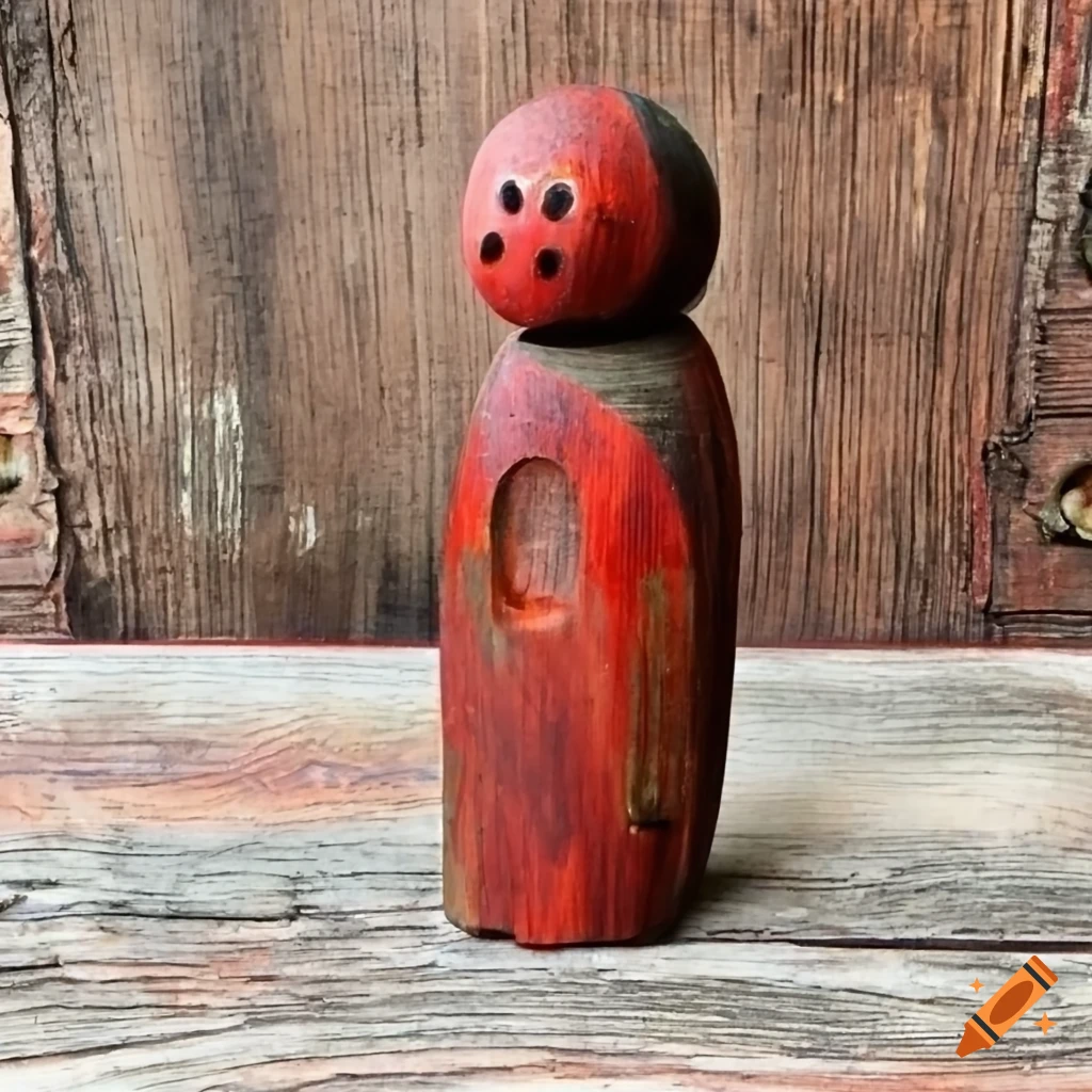 Rustic wooden faceless idol with big hollow round eyes and weathered ...