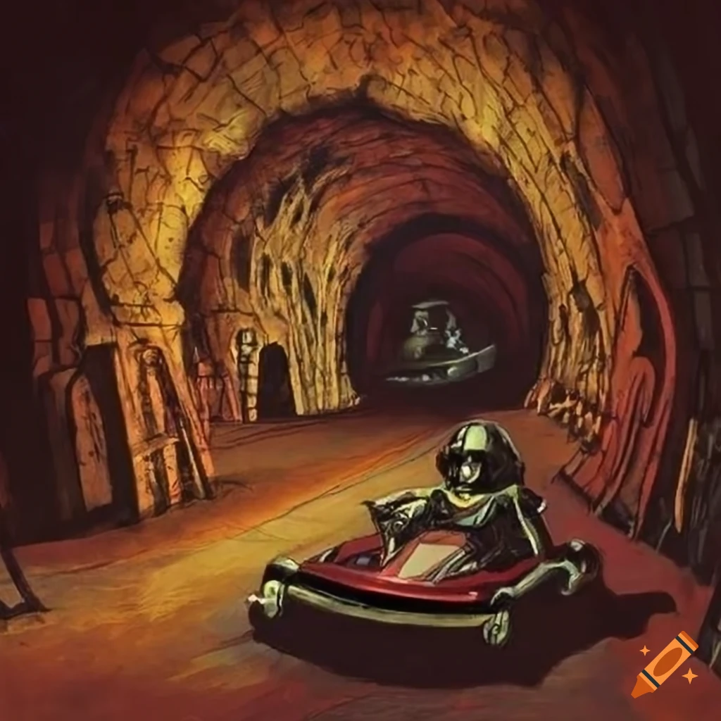 Knight riding a go-kart through a tunnel towards monsters in a vintage ...