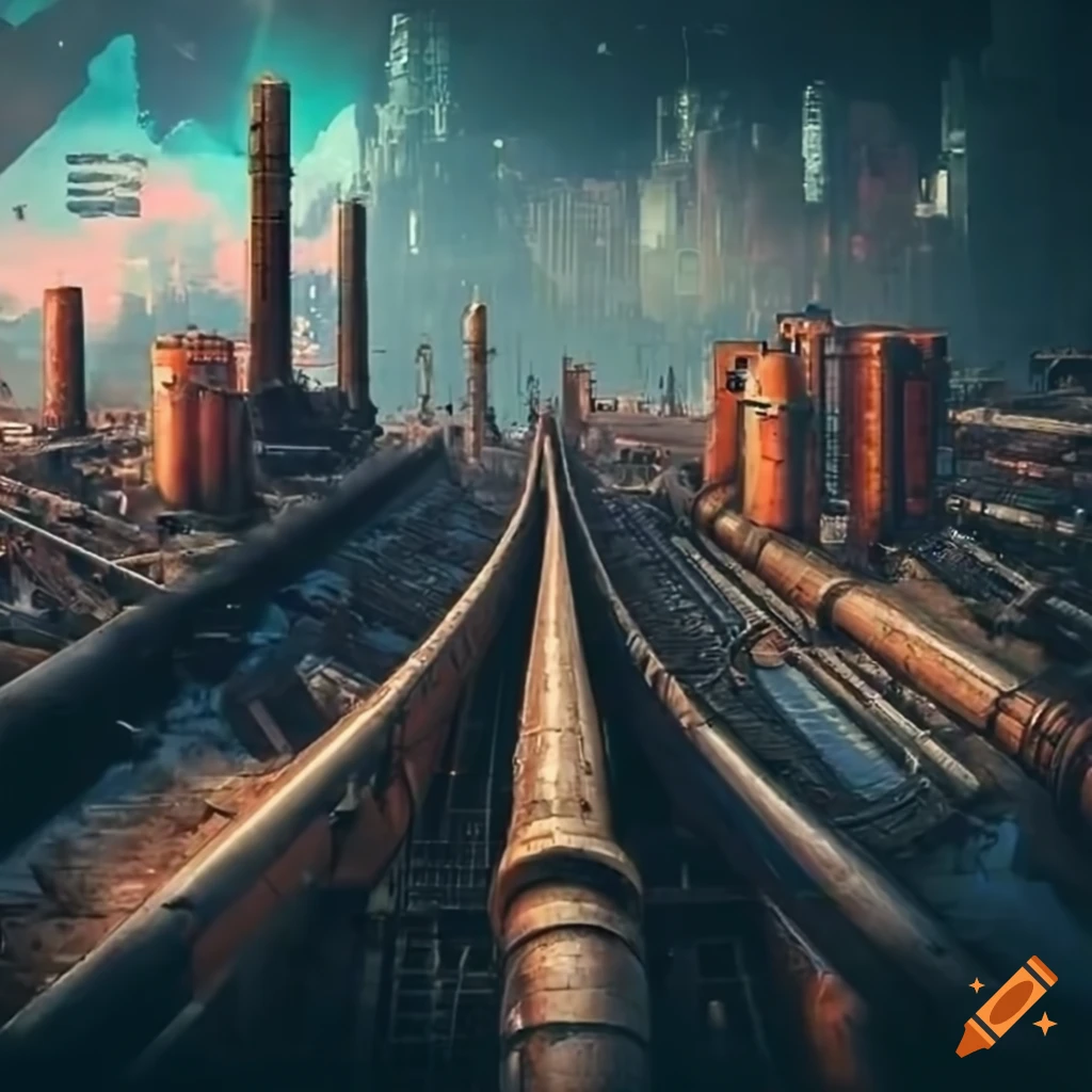 Industrial post-apocalyptic super metro city with massive pipes and ...