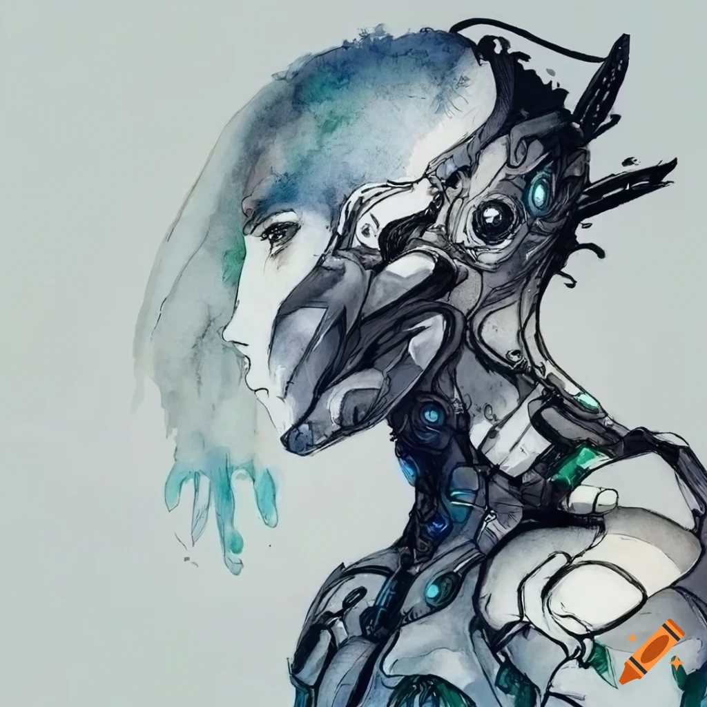 Young male cyborg in a white high-tech bodysuit with watergreen hair ...