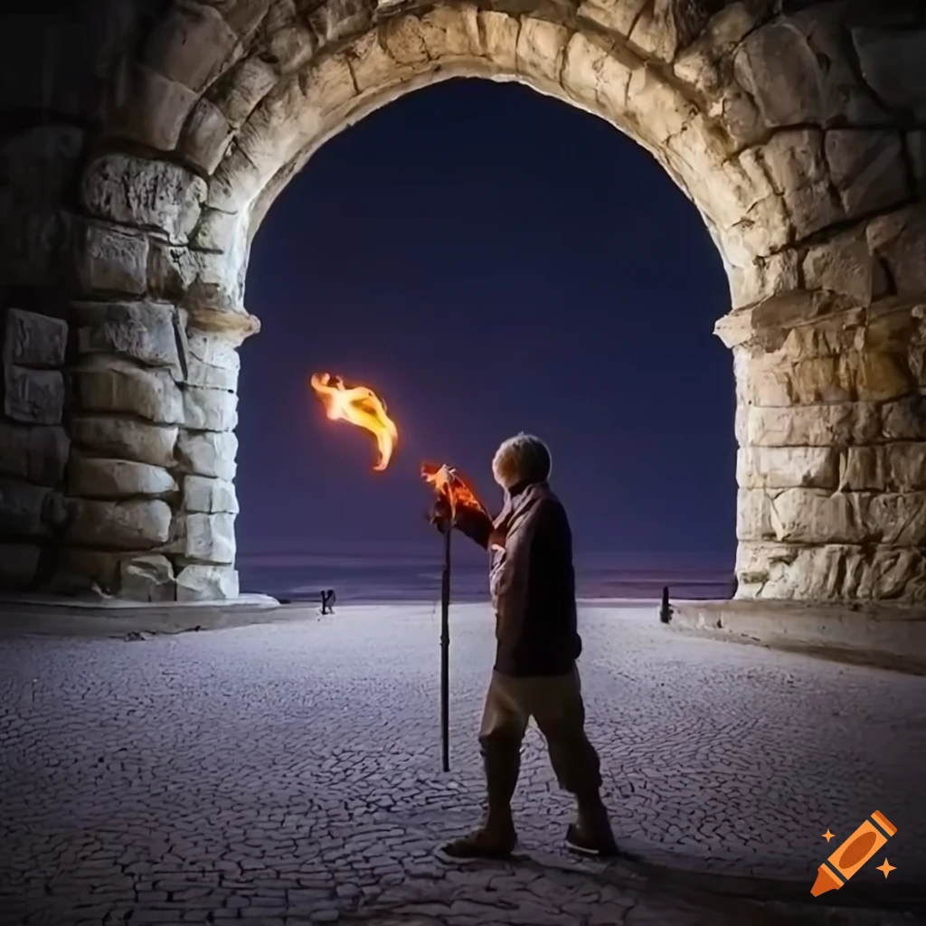 Man holding a torch in front of a stone archway at night on Craiyon