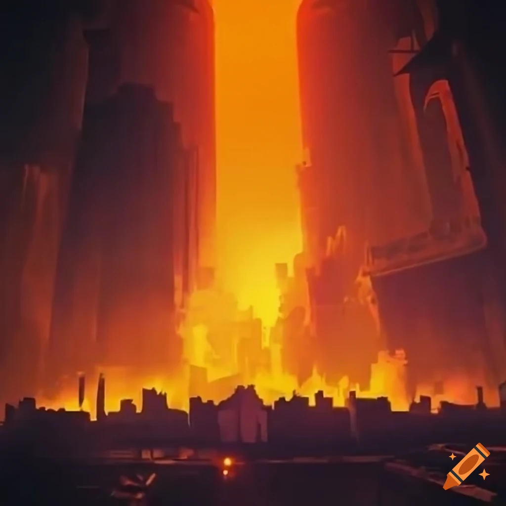 Skyline on fire with twisted metal and orange haze on Craiyon