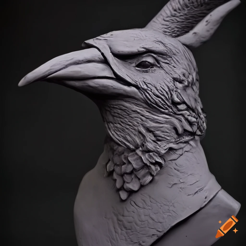 Anthropomorphic crow bust clay sculpture on Craiyon