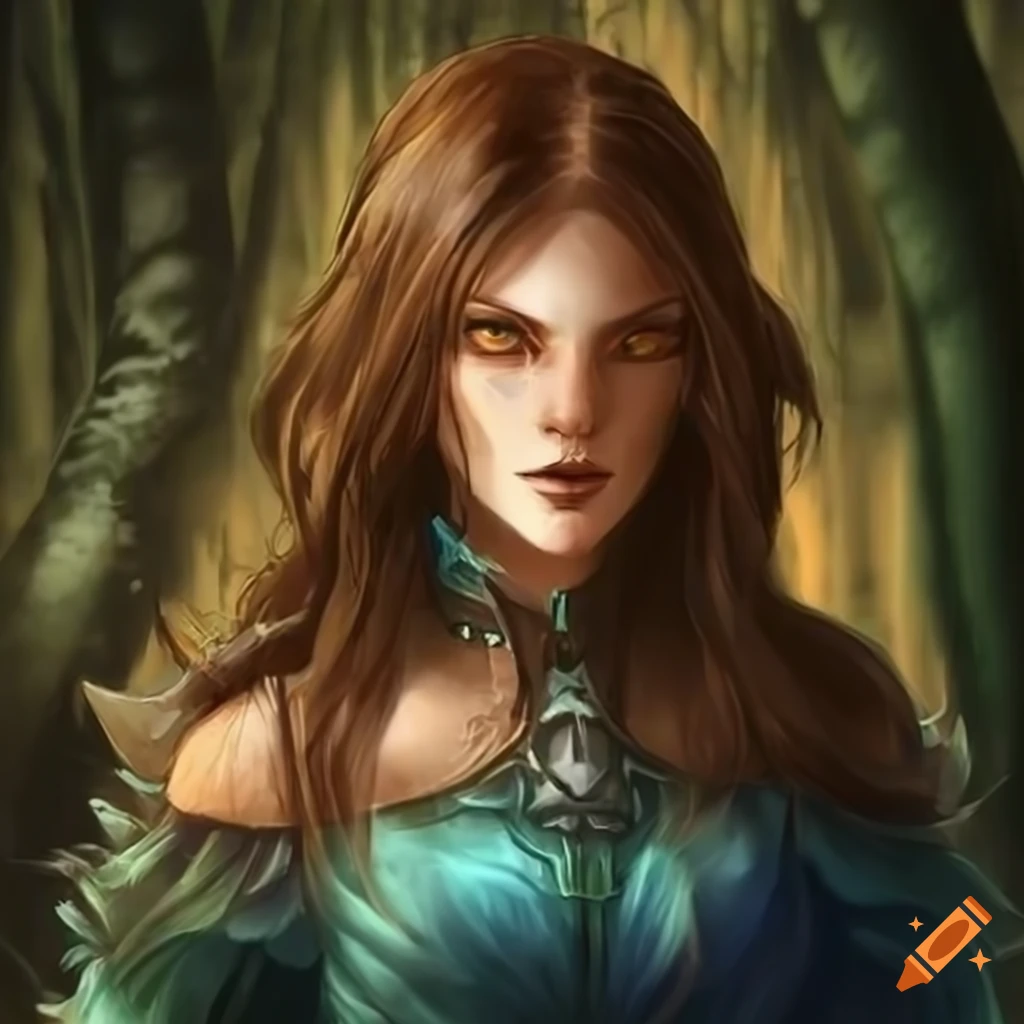 Female druid mage with dual-colored eyes walking in a winter forest on ...