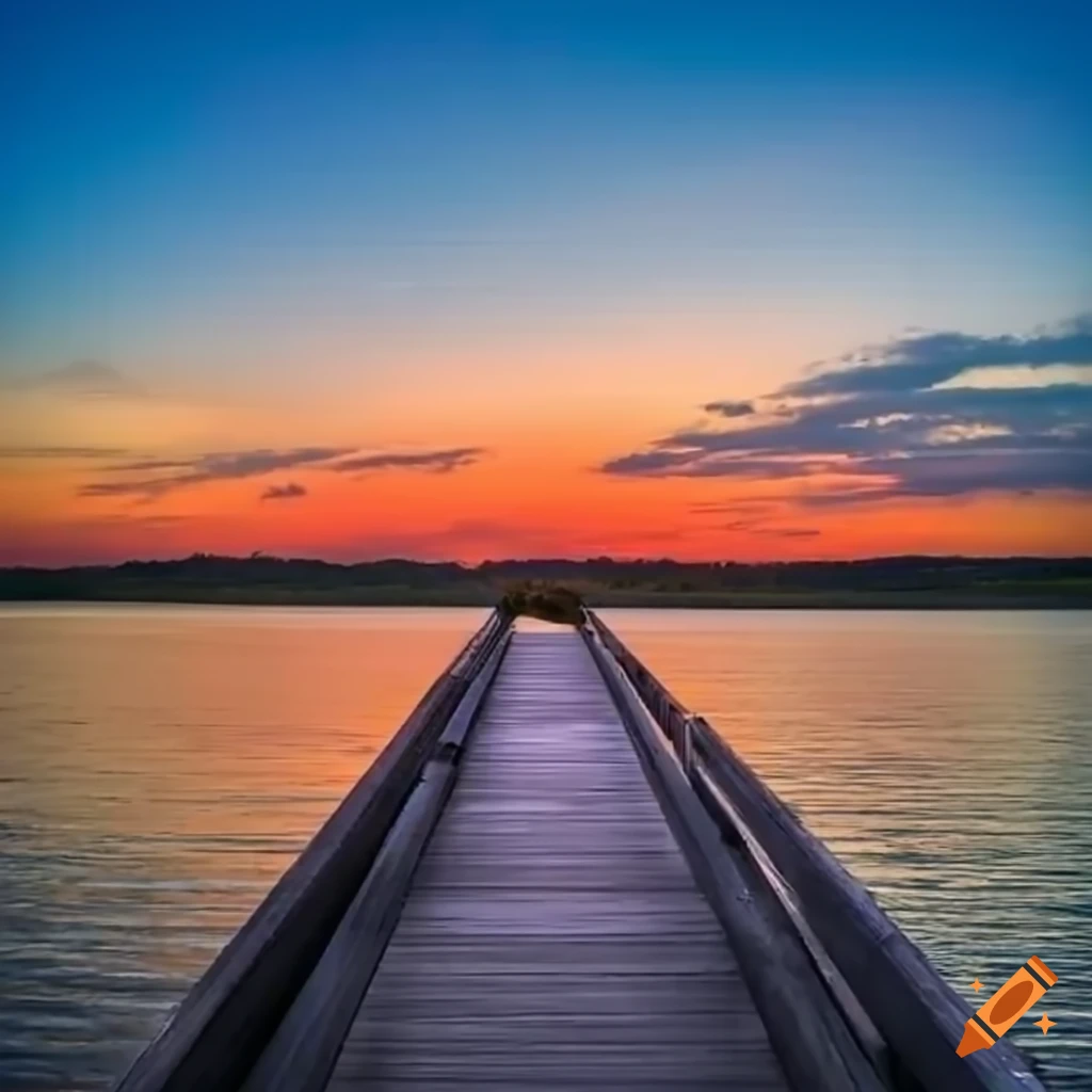 Scenic dock extending into the lake with a ship in the distance on Craiyon