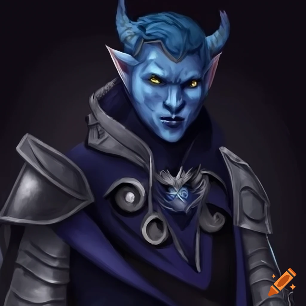 Blue-skinned male tiefling Paladin in silver armor and black cape on ...