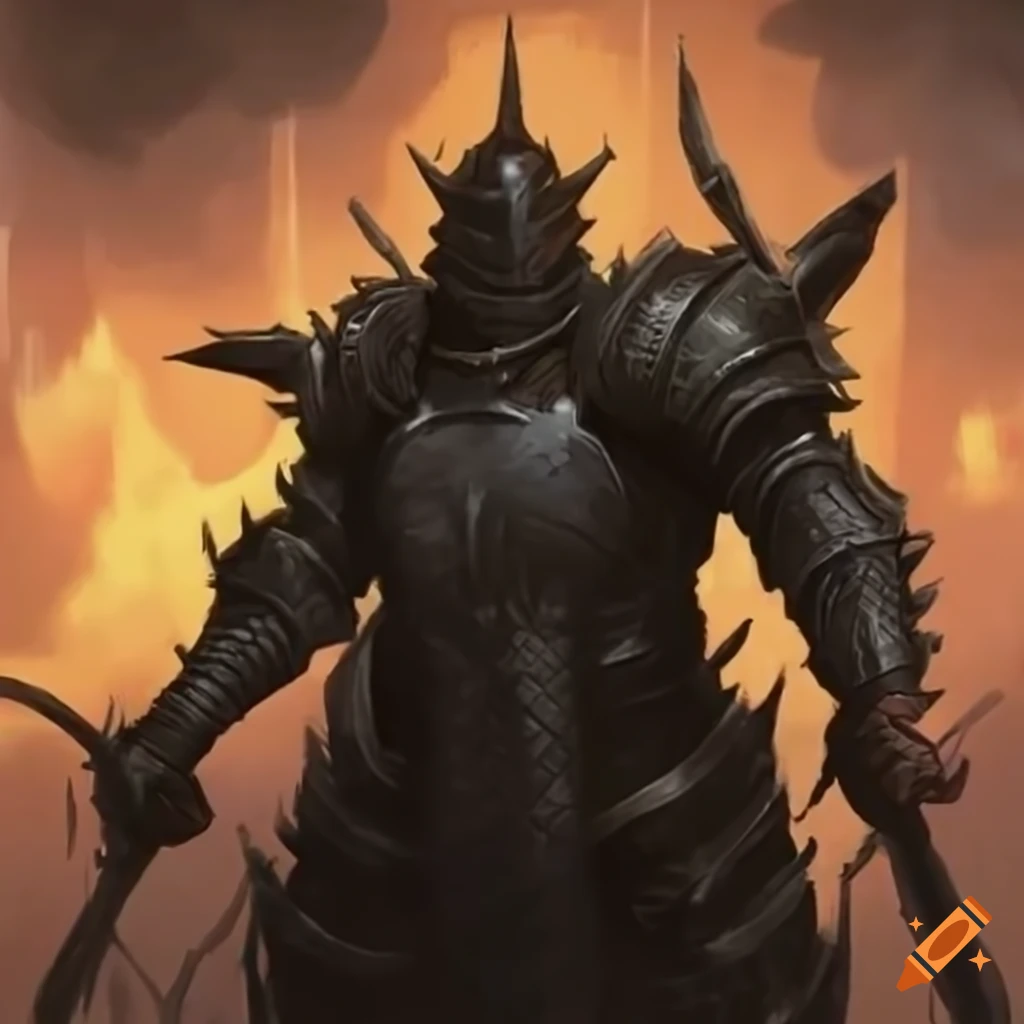 Man with black spiked iron armor in a fantasy setting on Craiyon