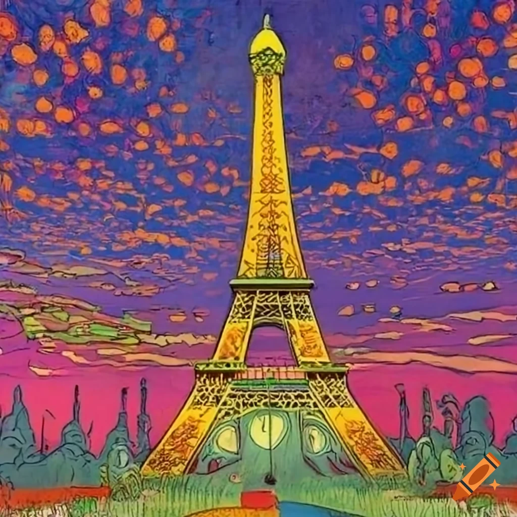 Colorful vegetal eiffel tower in art nouveau style reminiscent of artist moebius on Craiyon