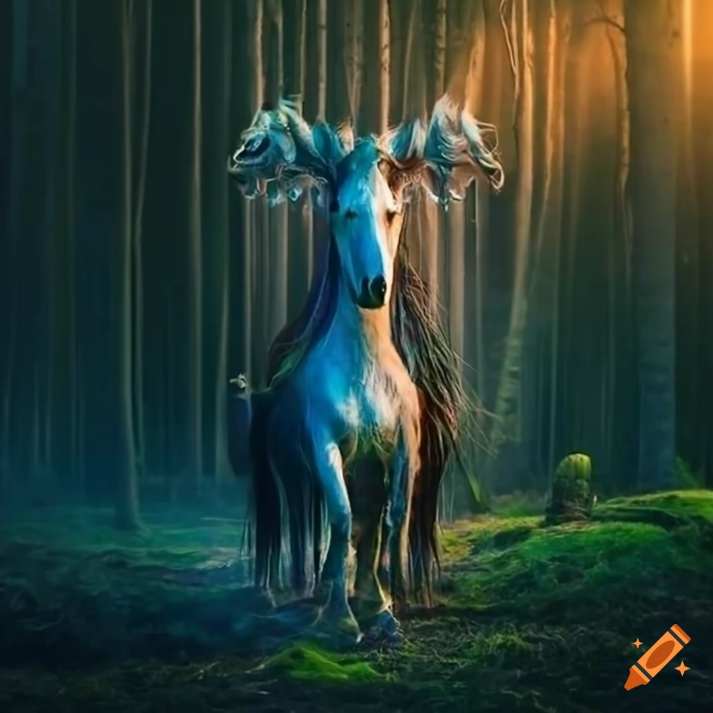 Enchanting mythical creature with multiple horse heads in a mystical ...