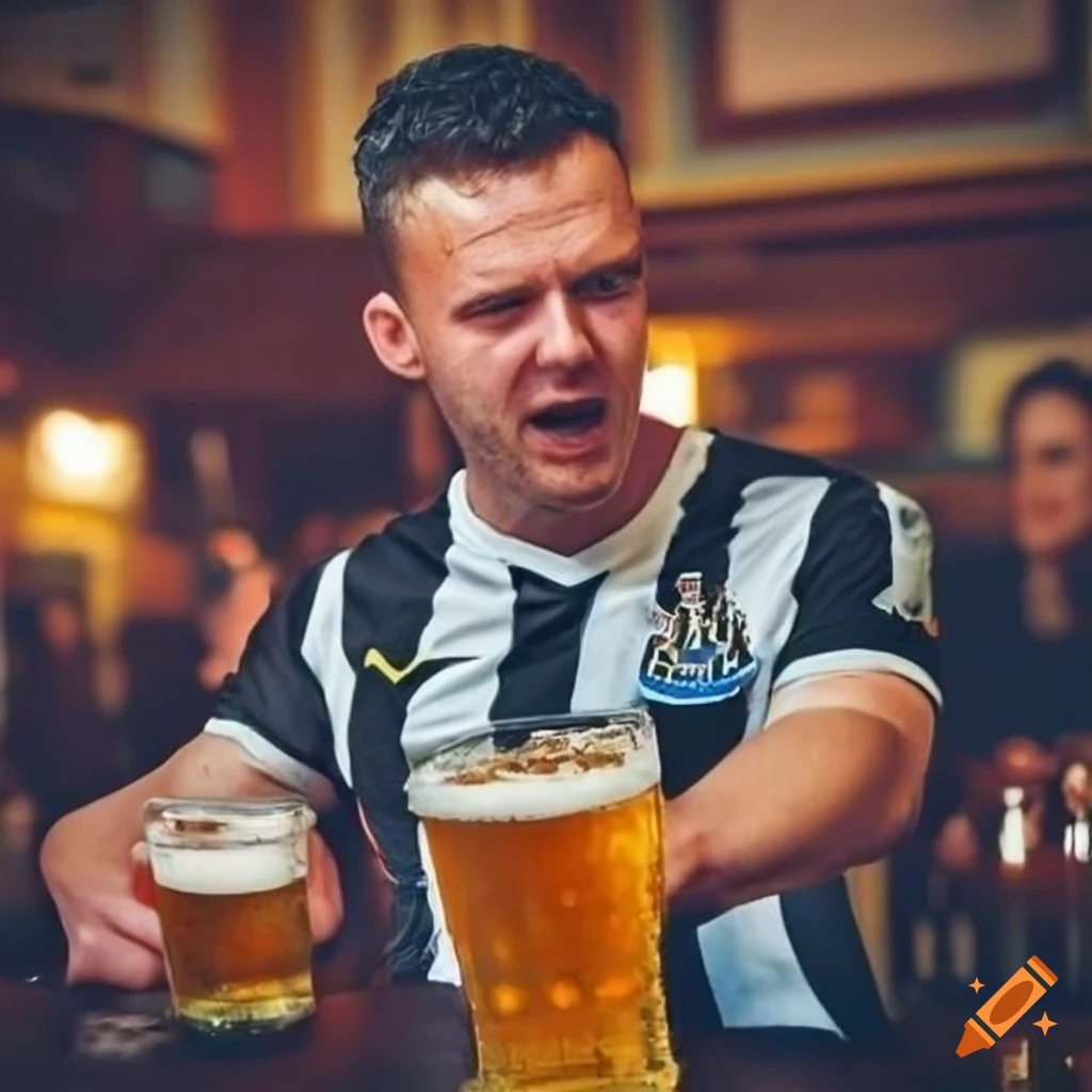 Man enjoying a beer in a pub wearing a Newcastle United FC jersey on ...