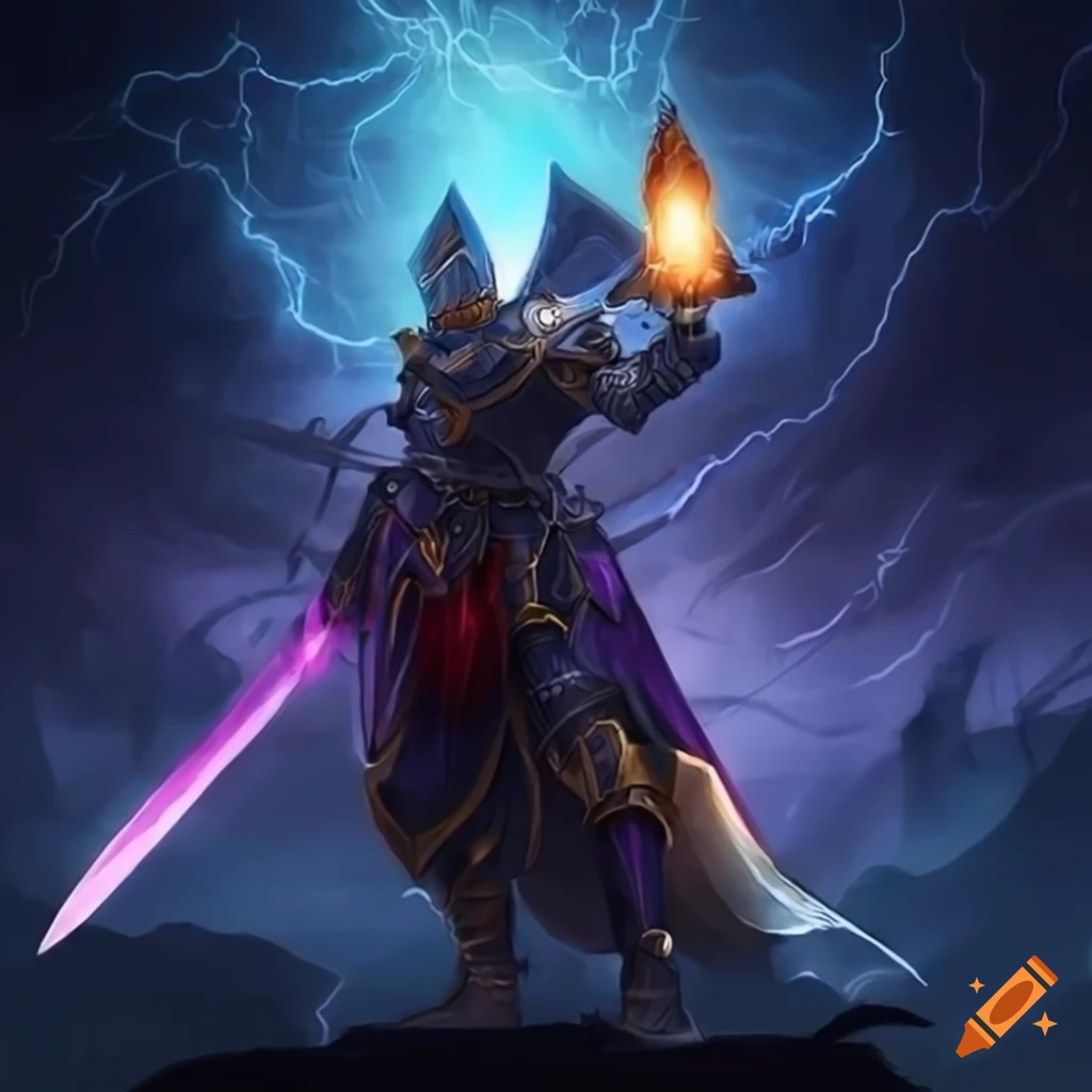 Heroic knight standing tall against a thunderstorm with shining sword ...