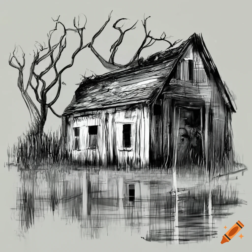 Farm house in a swamp with lit windows surrounded by vines in greyscale ...