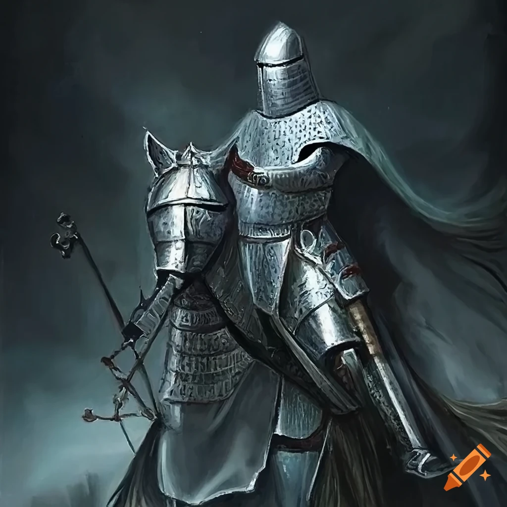 Medieval saint white knight in white armor riding a horse with shining ...