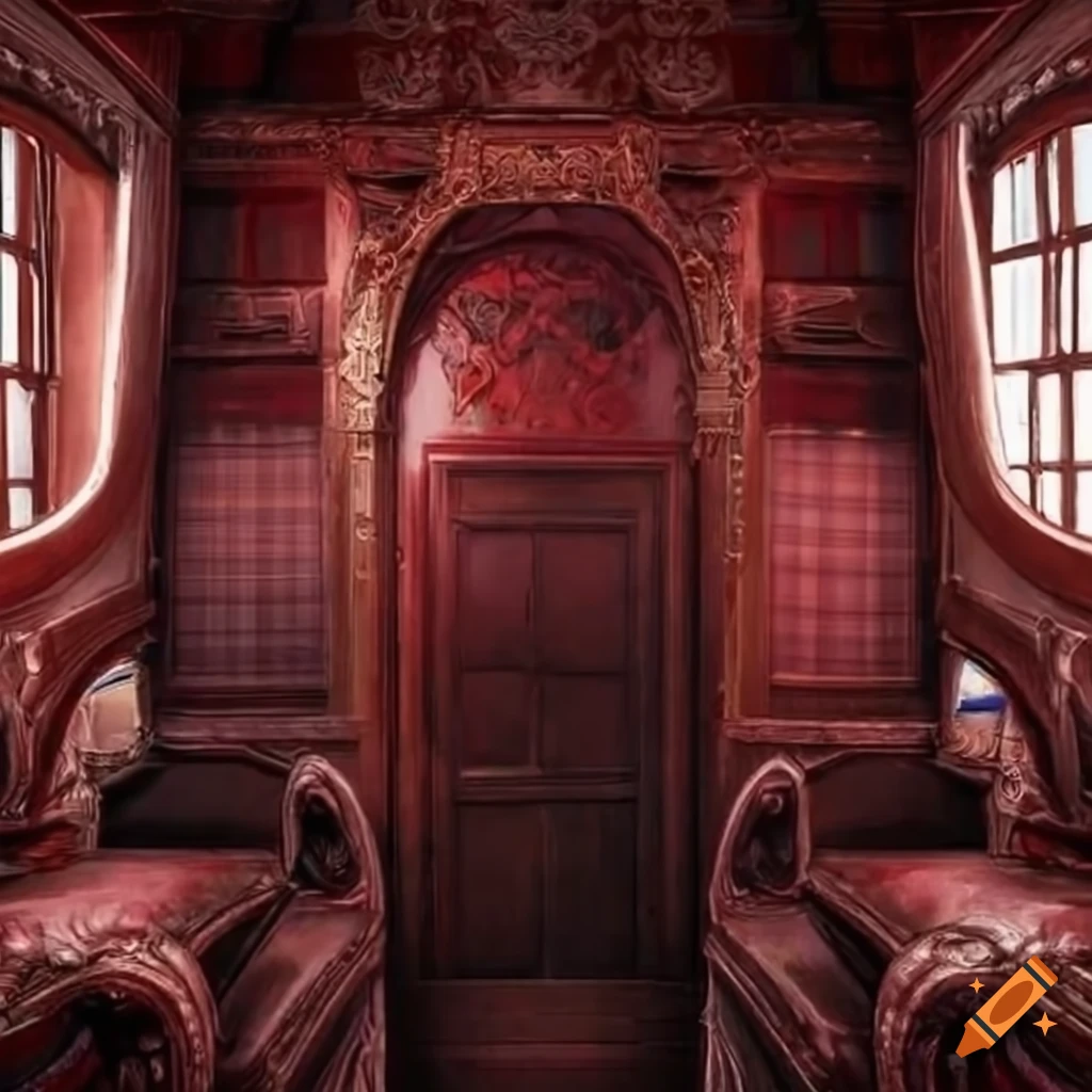 Interior of an empty carriage in a dark fantasy setting with red velvet ...