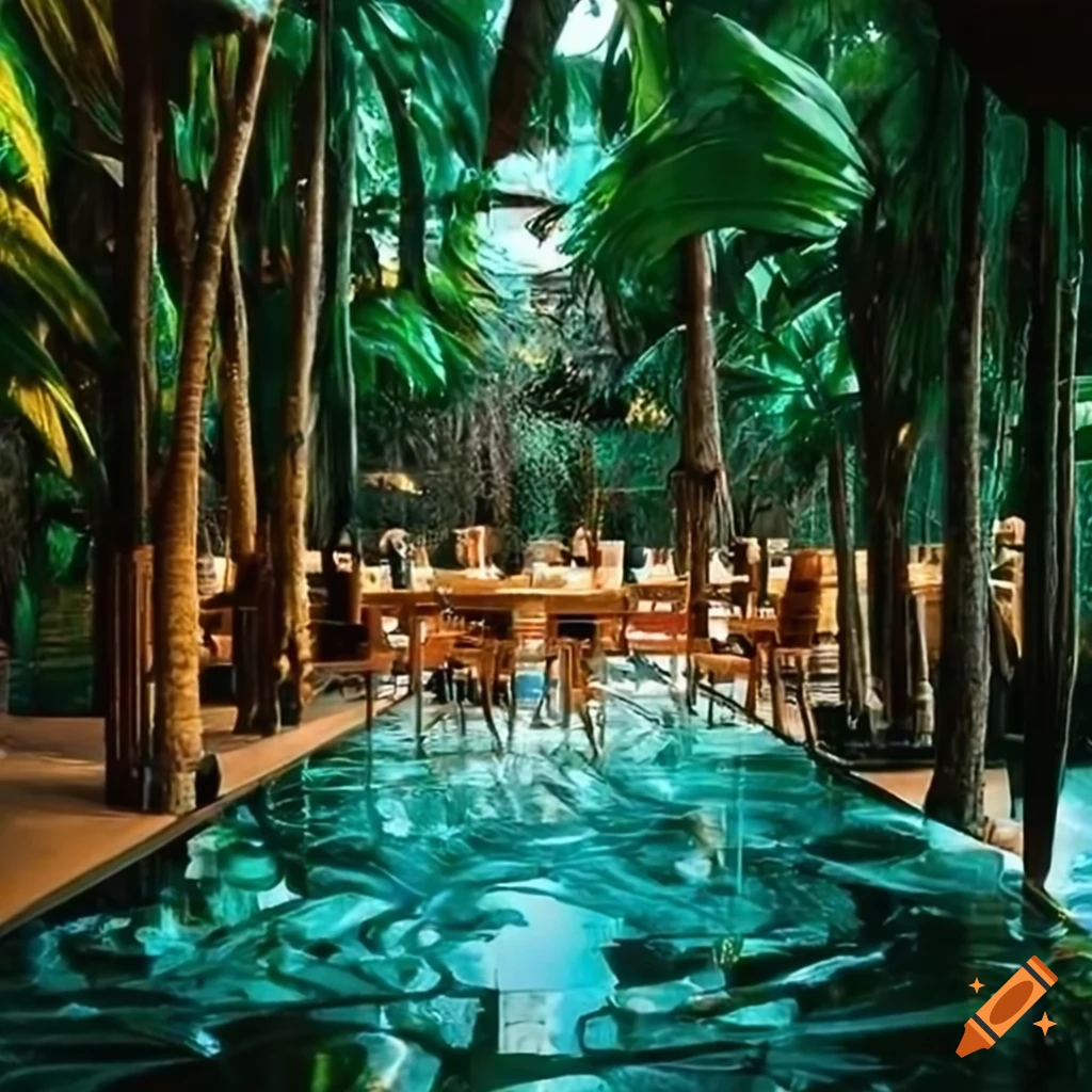 Tropical restaurant with glass floors overlooking flowing water and ...