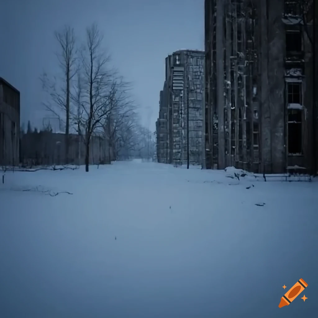 Abandoned snowy city with snow clouds and gloomy snowmen on Craiyon