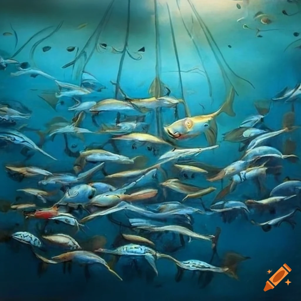 School of fish swimming in the ocean with light rays in Hieronymous ...