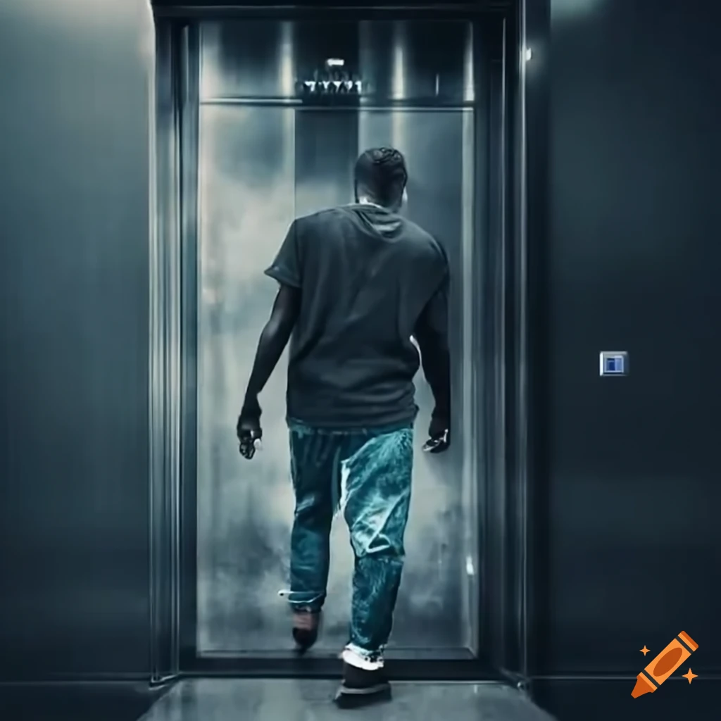 Man stepping out of a smoky elevator with a cigarette pack on the floor ...