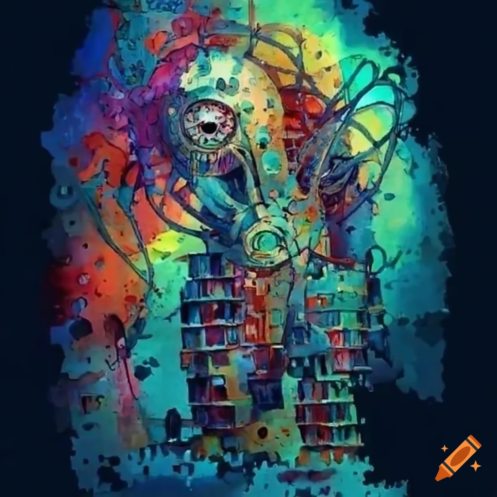 Mechanical monster made of houses, buildings, doors, windows, bricks ...