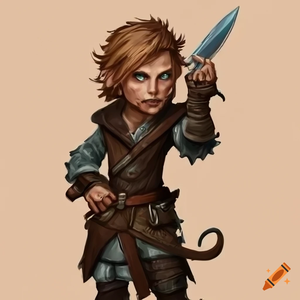 Young Halfling thief rogue with a dagger in a fantasy setting on Craiyon