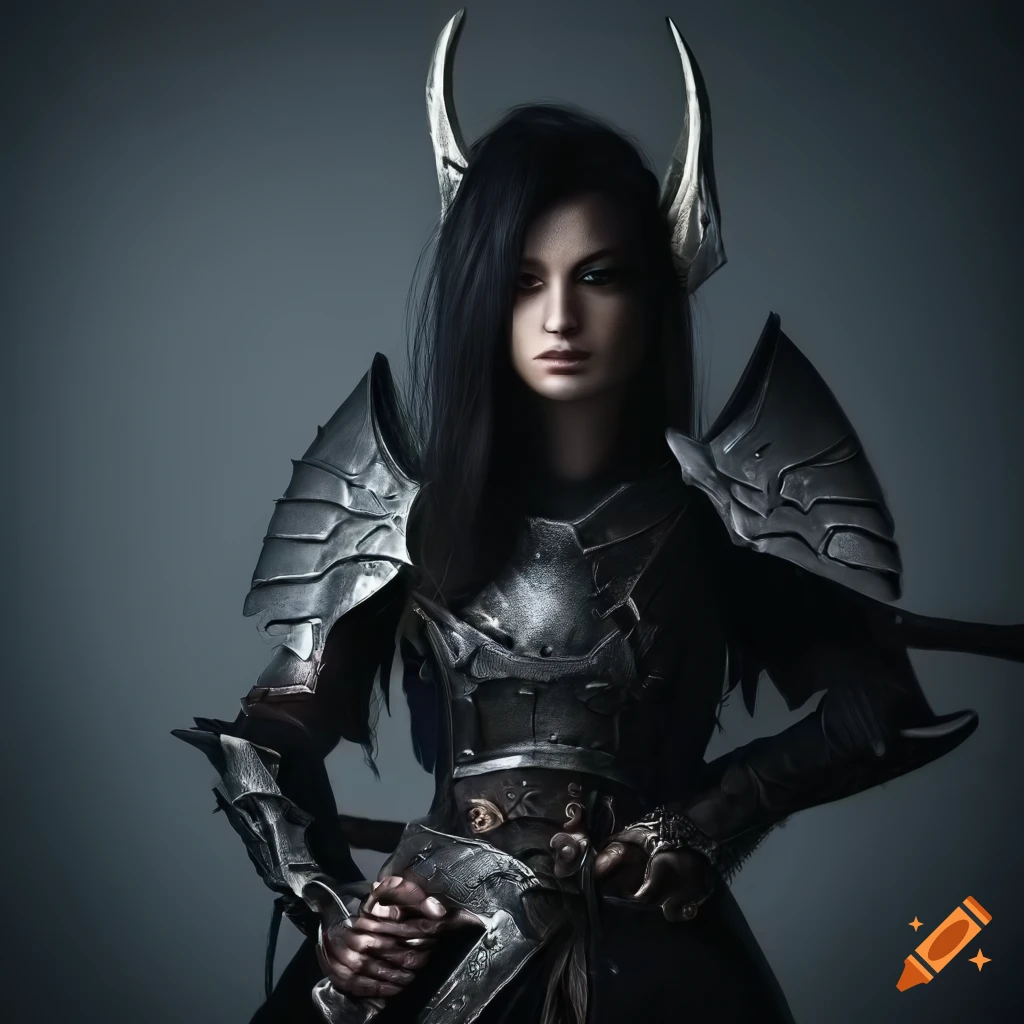 Stunning warrior female model with black hair in dragon armor on Craiyon