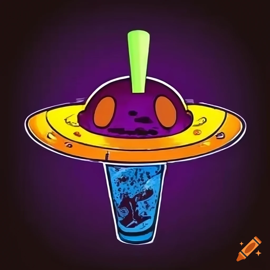 Happy alien drinking a slurpee in a ufo cockpit with blacklights ...