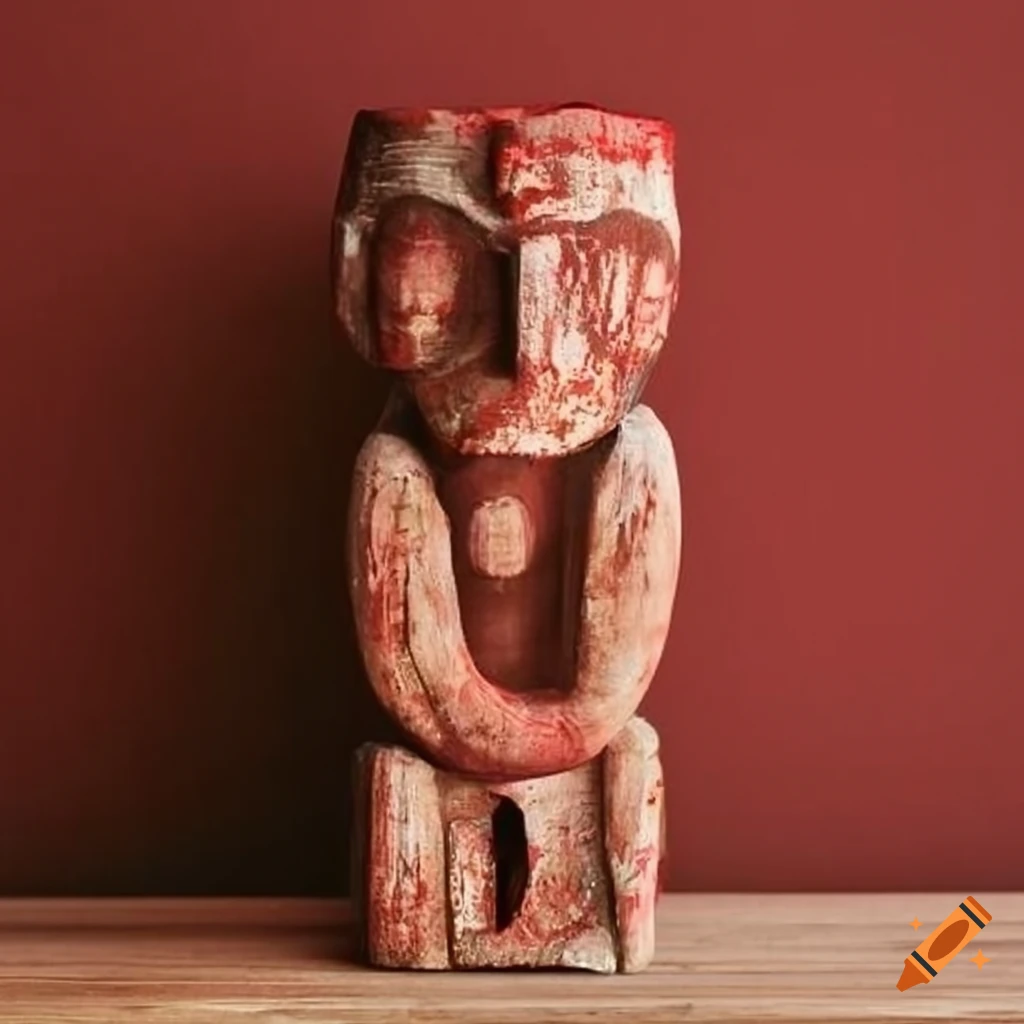 Primitive and rustic wood carved idol with weathered red paint on Craiyon