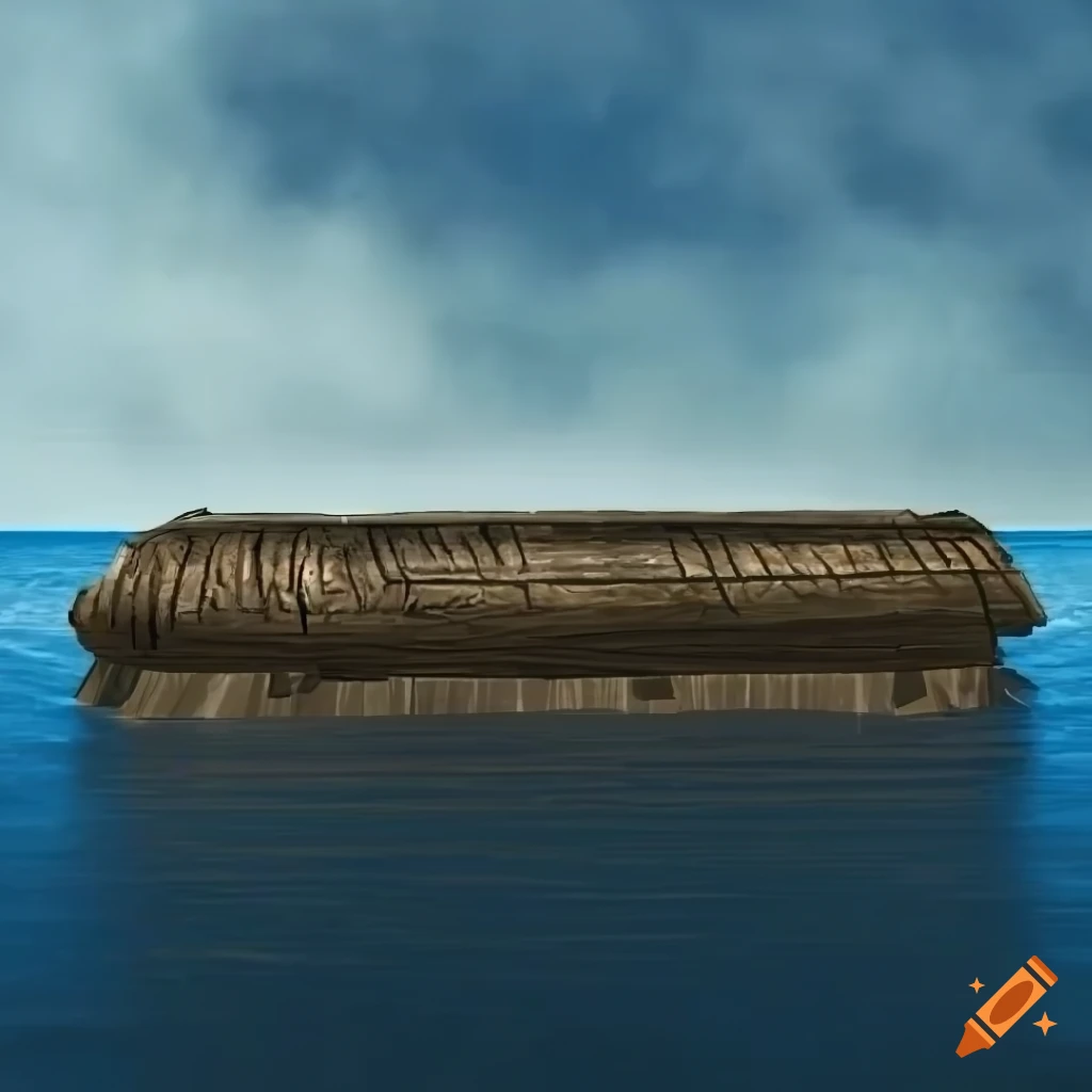 Prehistoric ark navigating stormy seas on a log raft base with thatch ...