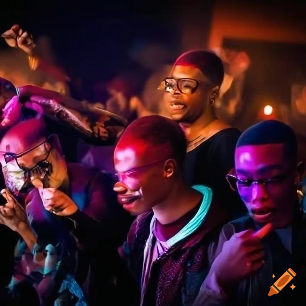 A group of men cheering with glasses at a vibrant UK rave on Craiyon