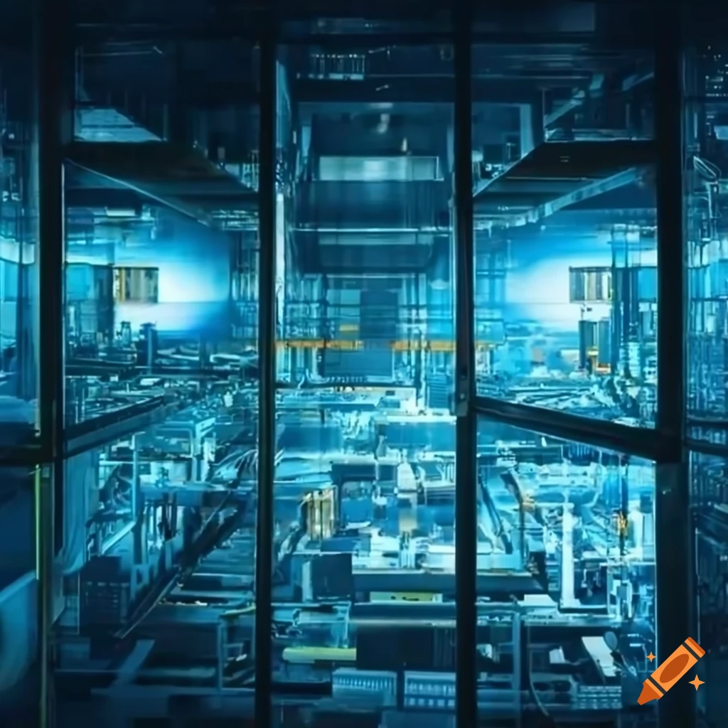 View from control room window of high-tech factory floor with machinery ...