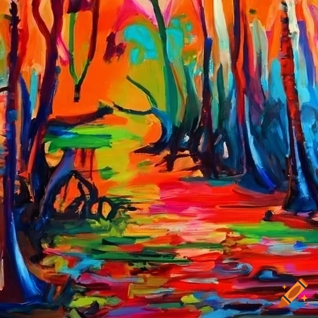 Fauvist painting of vibrant jungle with bold brushstrokes and non ...