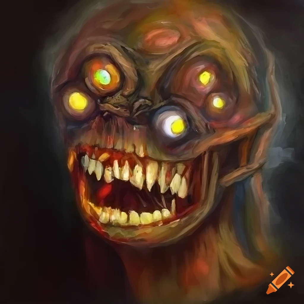Human zombie spore carrier with glowing eyes and teeth in oil painting ...