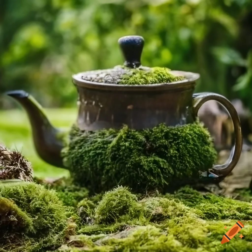 Mossy broken teapot on a wooden table in a hobbit kitchen filled with ...