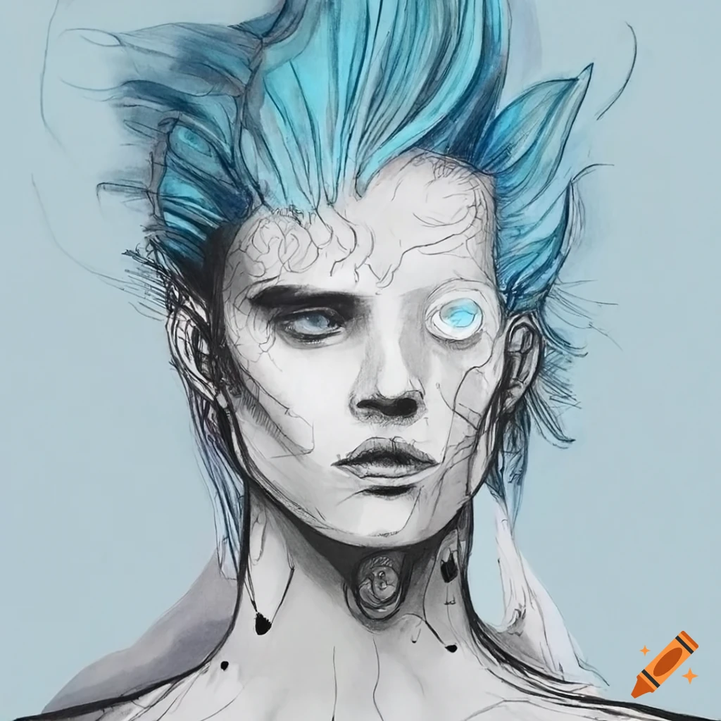 Pencil sketch of a young man cyborg in a futuristic white bodysuit with ...