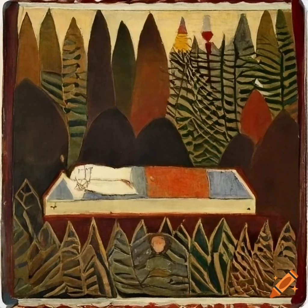 Funeral scene with a casket on a river in naive art style on Craiyon