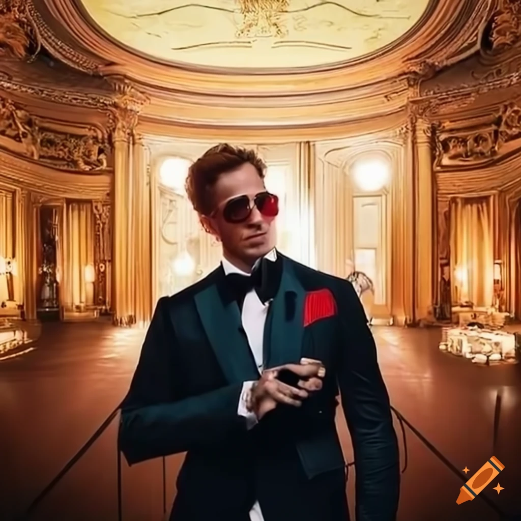 Andrew Tate standing confidently in front of a luxurious mansion on Craiyon