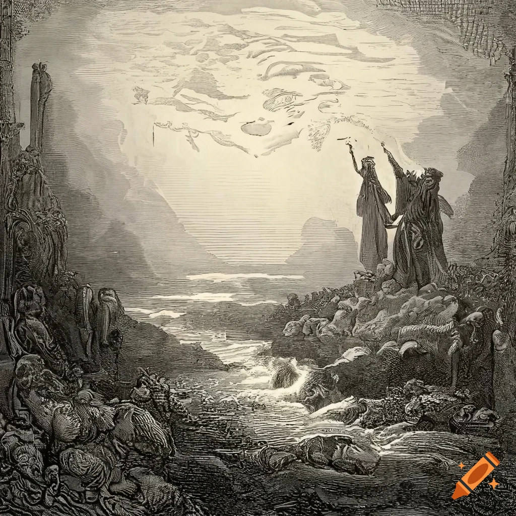 Meeting of rivers in the style of Gustave Dore engraving on Craiyon