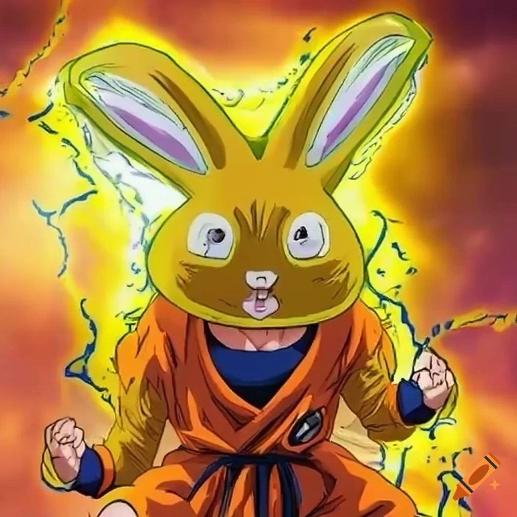 Yellow rabbit striking Goku with thunder in a fantasy battle on Craiyon